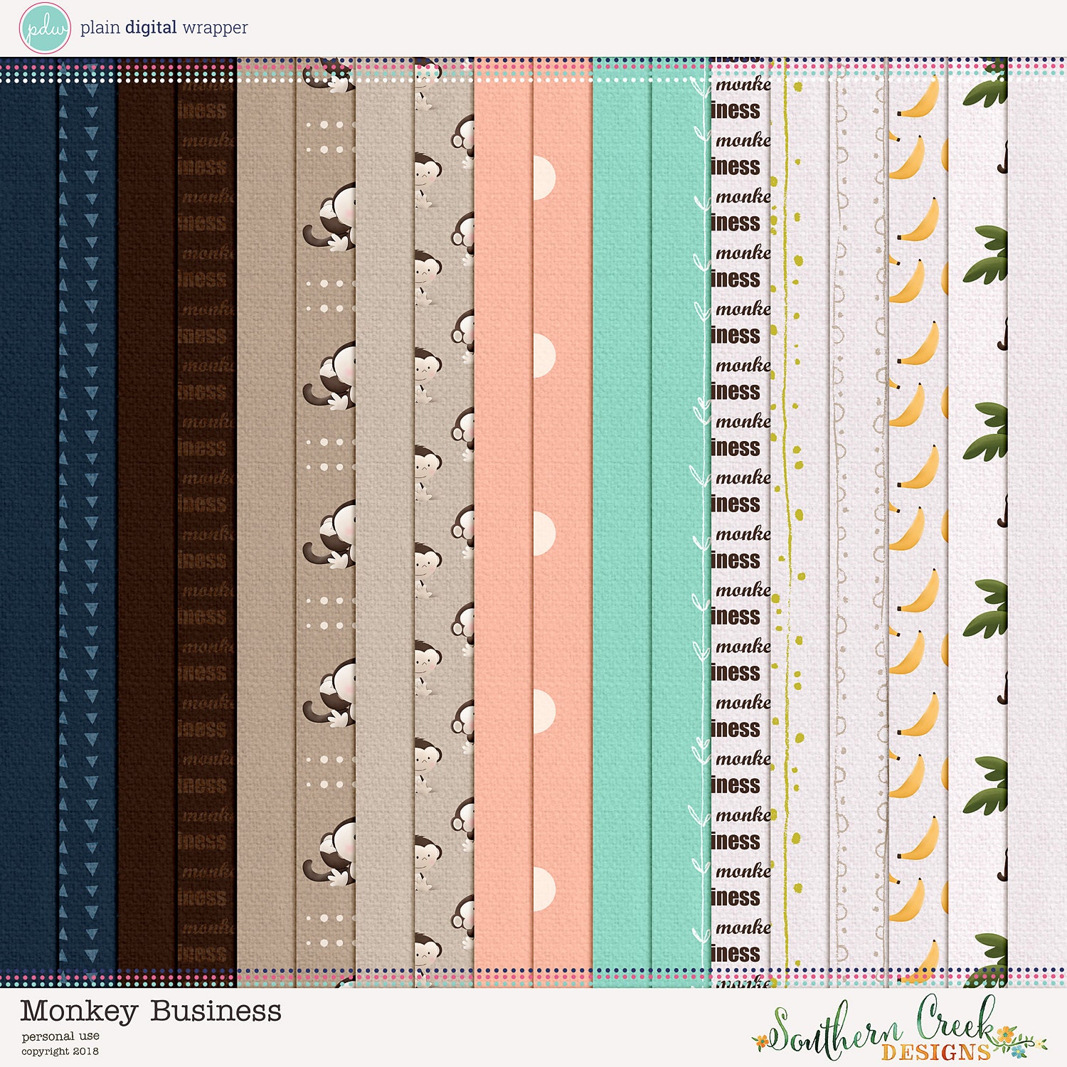 Monkey Business Digital Scrapbooking Kit - 18 Papers - 60 Plus Elements ...