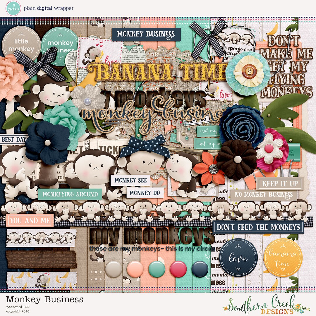 Monkey Business Digital Scrapbooking Kit - 18 Papers - 60 Plus Elements ...