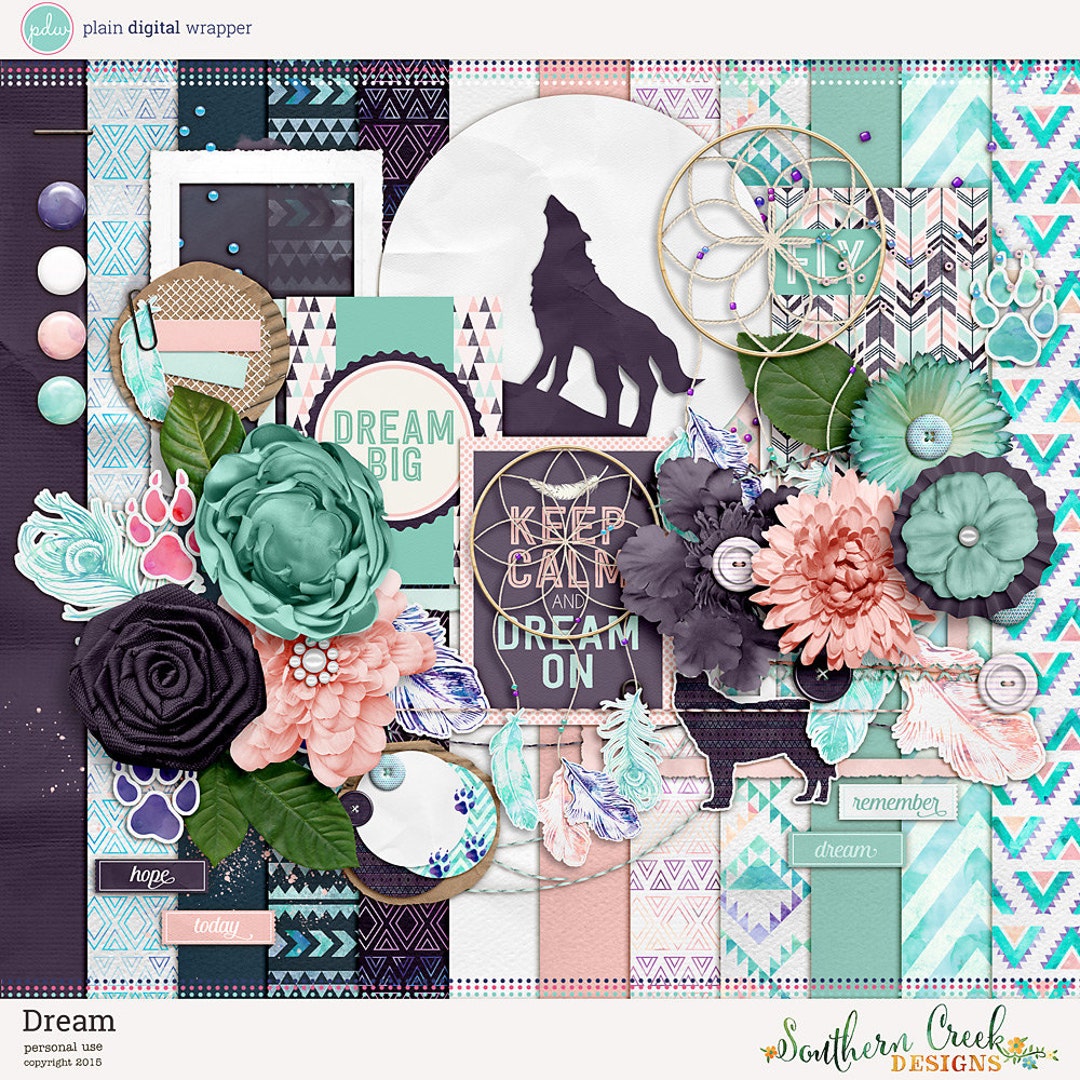 Dream- Digital Scrapbooking Kit - 12 Paper - 50 Plus Elements - Paper ...