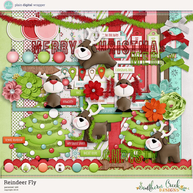 Reindeer Fly- Christmas Digital Scrapbooking Kit - 16 Paper - 60 Plus ...
