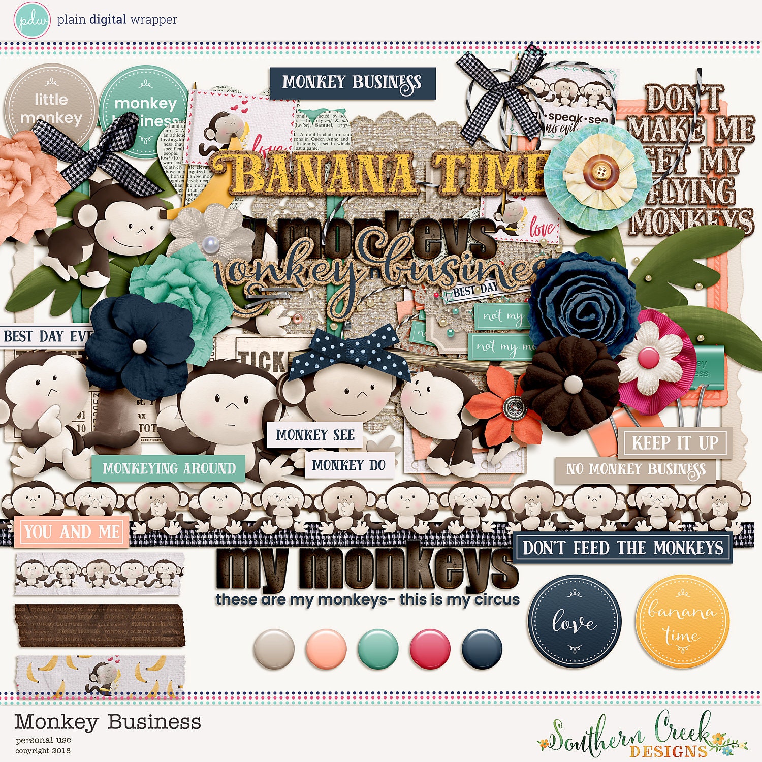 Monkey Business Digital Scrapbooking Kit 18 Papers 60 Plus Elements ...