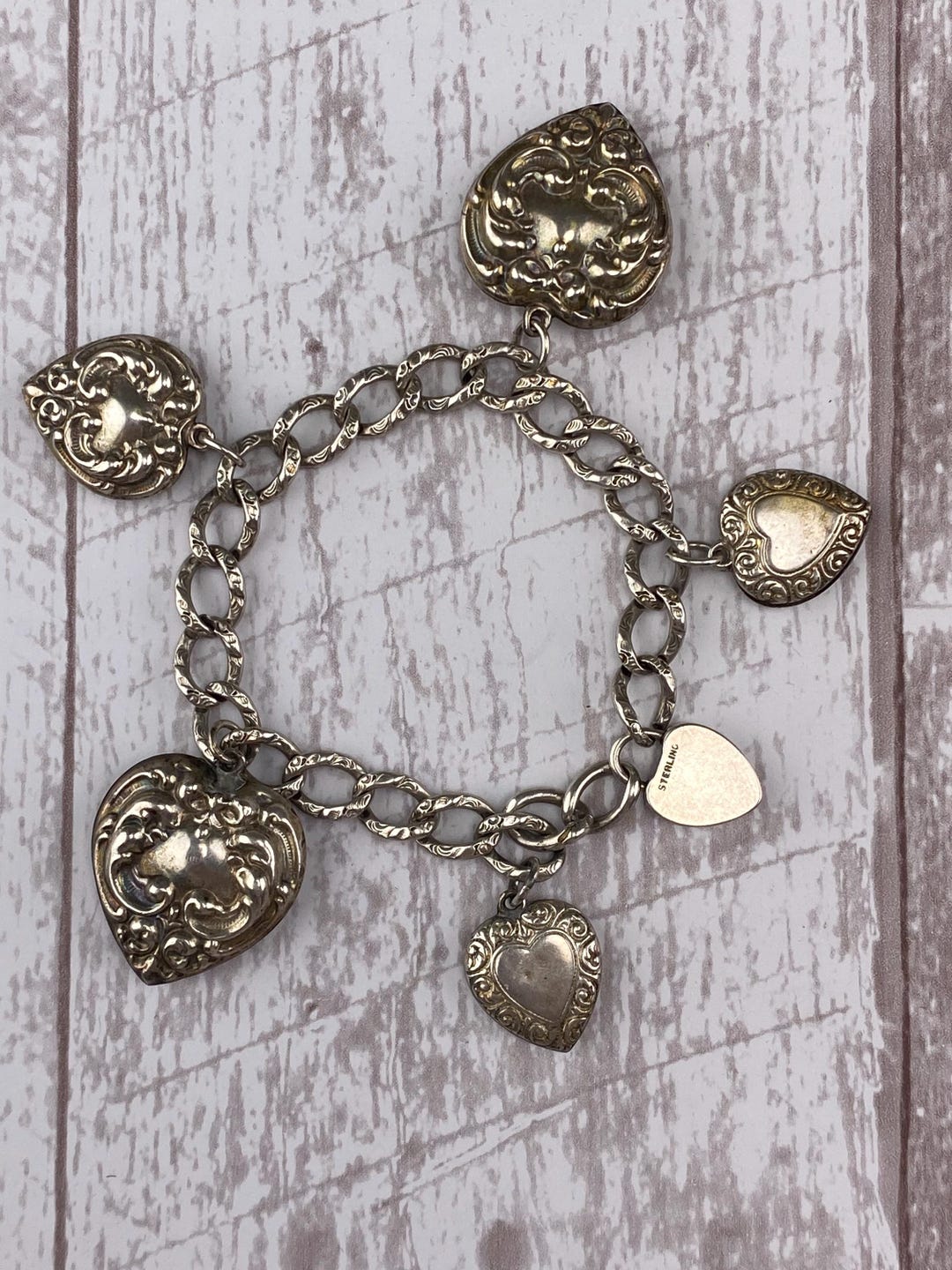 Vintage Puffy Heart Sterling Silver Charm Bracelet With Repousse Chain ...