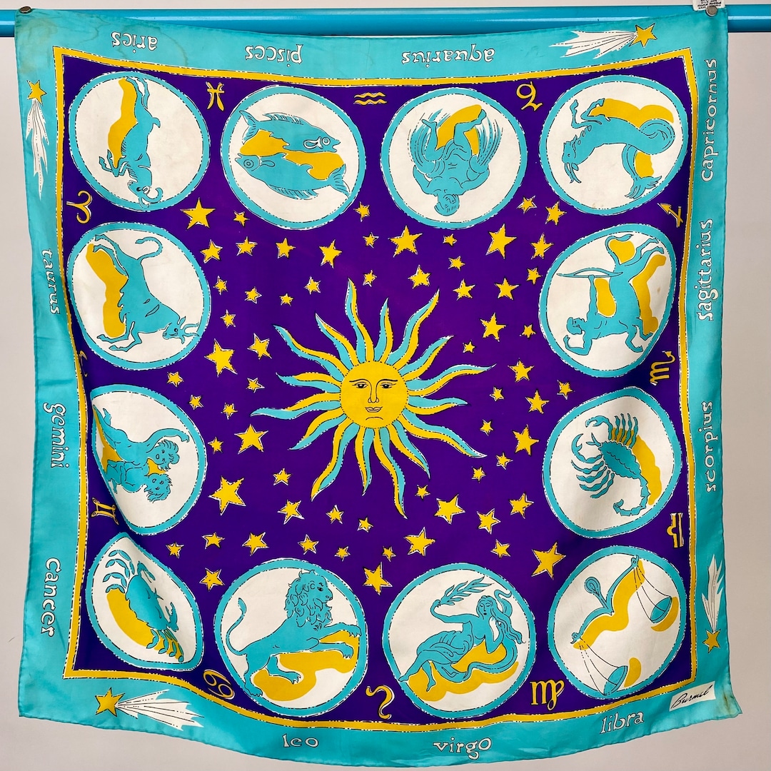 Vintage 1960s Zodiac Astrology Burmel Scarf Teal Purple Gold Silk Rayon ...
