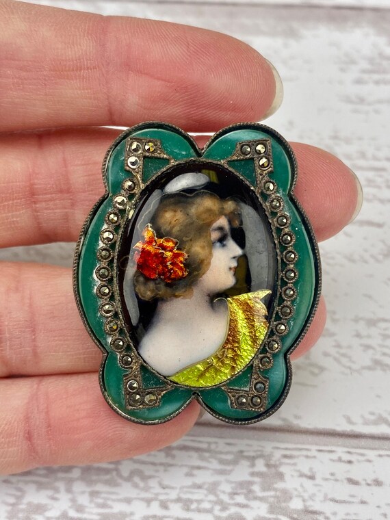 Antique 1900s Silver Portrait Brooch Hand Painted Por… - Gem