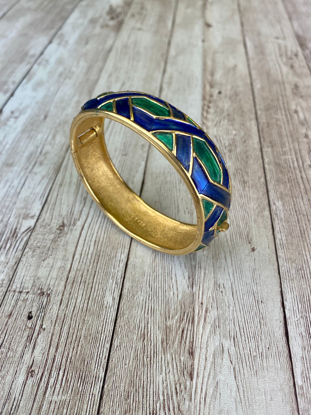 Boucher Gold Tone Metal Bangle With Blue and Green Enamel Geometric ...