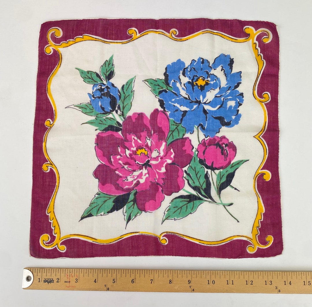Vintage 1940s Novelty Floral Print Hankie Handkerchief Hanky Cotton ...