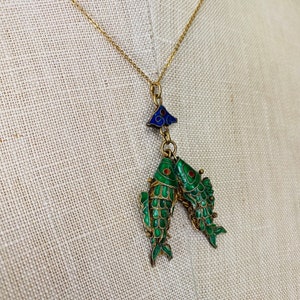 Vintage Chinese Cloisonne Articulated Double Fish Pendant Silver W Gold ...