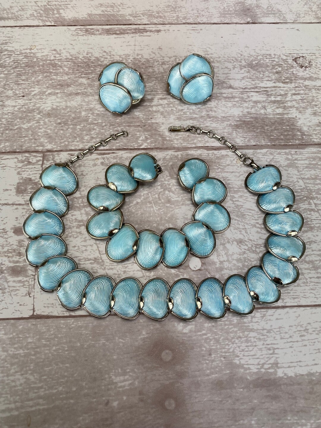 Vintage Clam Shells Necklace Bracelet Earrings Set Robins Egg Blue ...