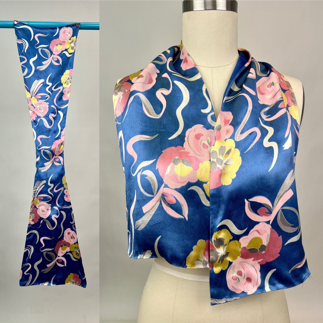 1930s Antique Silk Hourglass Shaped Scarf With Pastel Floral and ...