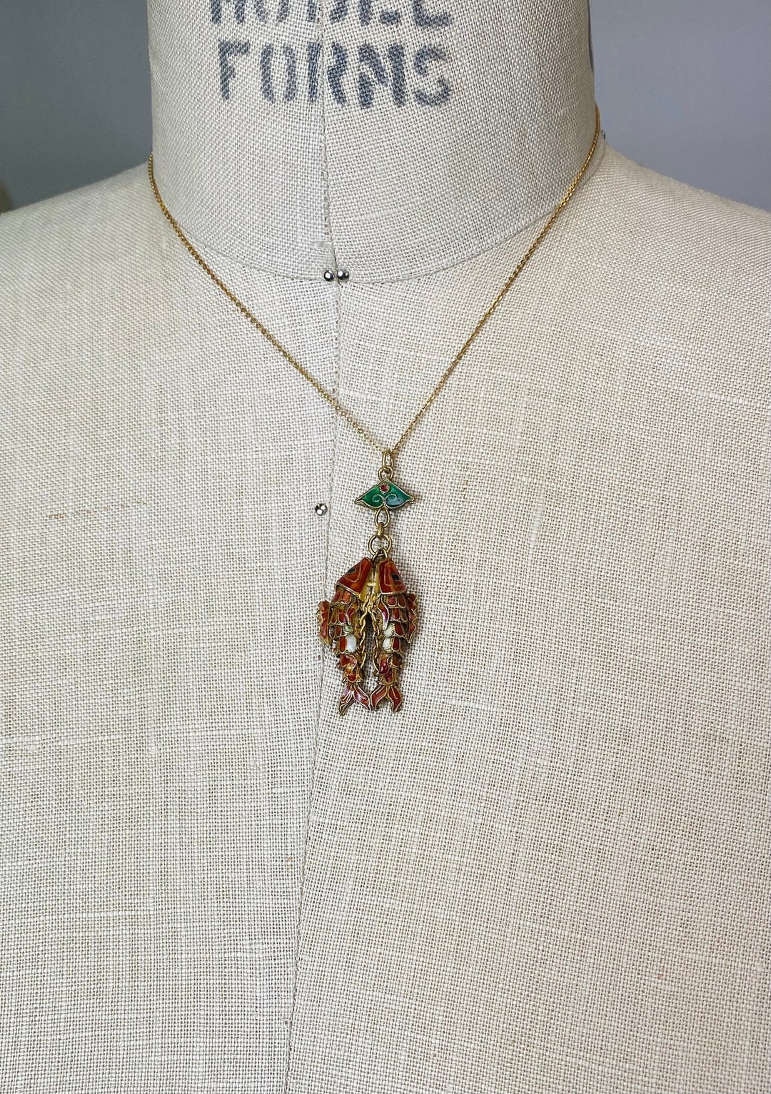 Vintage Chinese Cloisonne Articulated Double Fish Pendant Silver W Gold ...