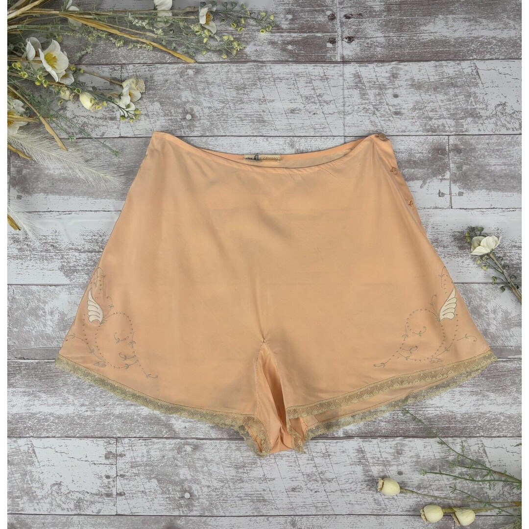 Vintage Lingerie 1940s Peach Silk Satin Tap Pants Floral Embroidery ...