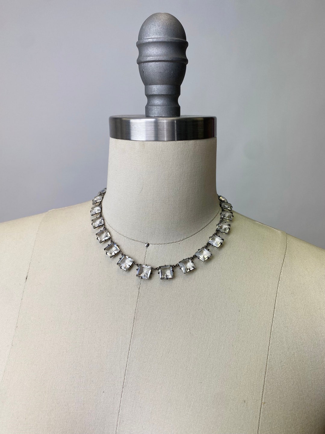 Vintage 1930s Square Cut Clear Glass and Sterling Silver Necklace ...