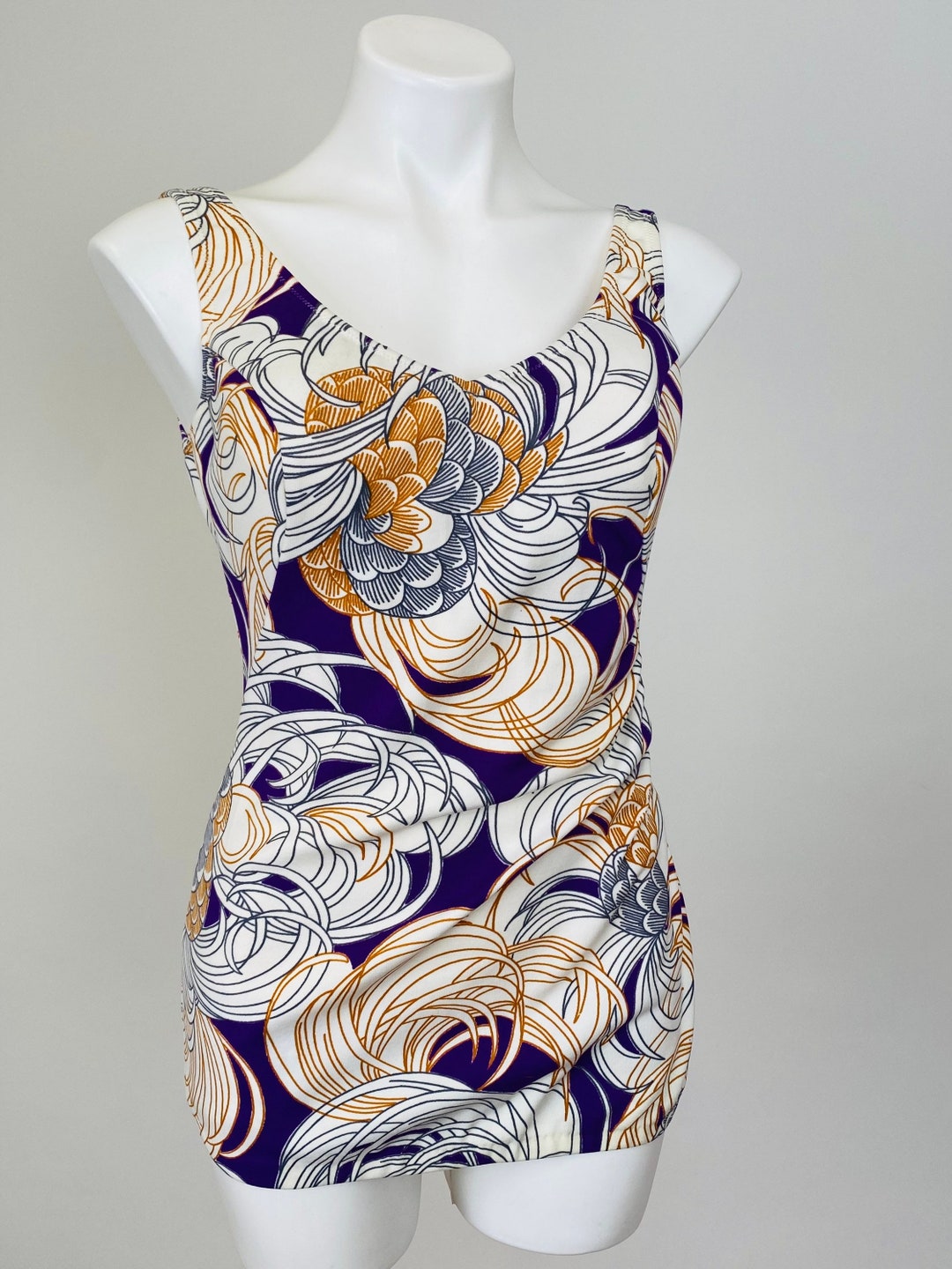 Authentic Vintage 1960s Peter Pan One Piece Psychedelic Abstract Floral ...