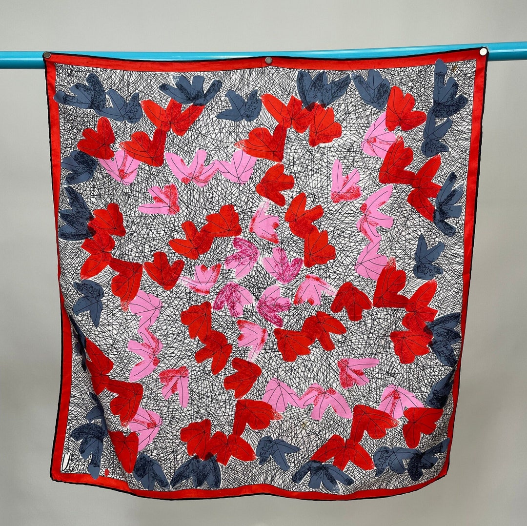 Vintage Vera Designer Silk Blue Red Pink Leaf Design Scarf 1950s Hand ...