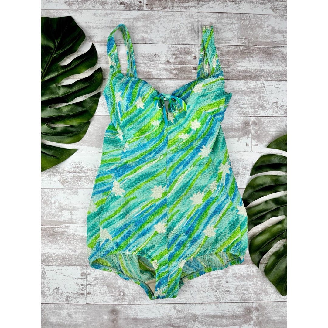 1960s Peter Pan by Oleg Cassini Green and Blue Beach Swim Swimsuit ...