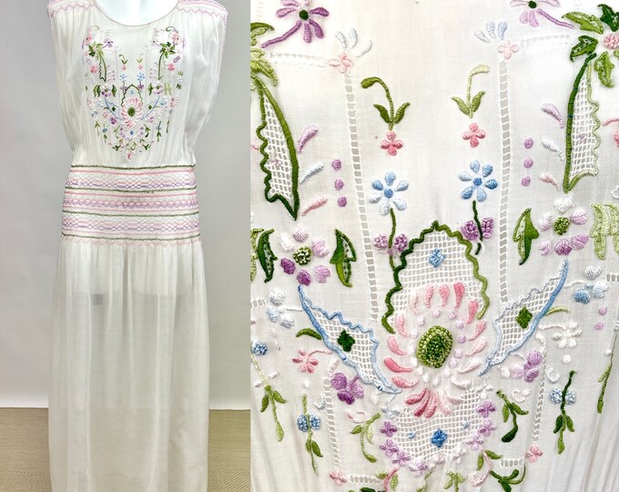 Antique 1920s Boho Peasant Cotton Day Dress Floral Embroidery Eastern ...