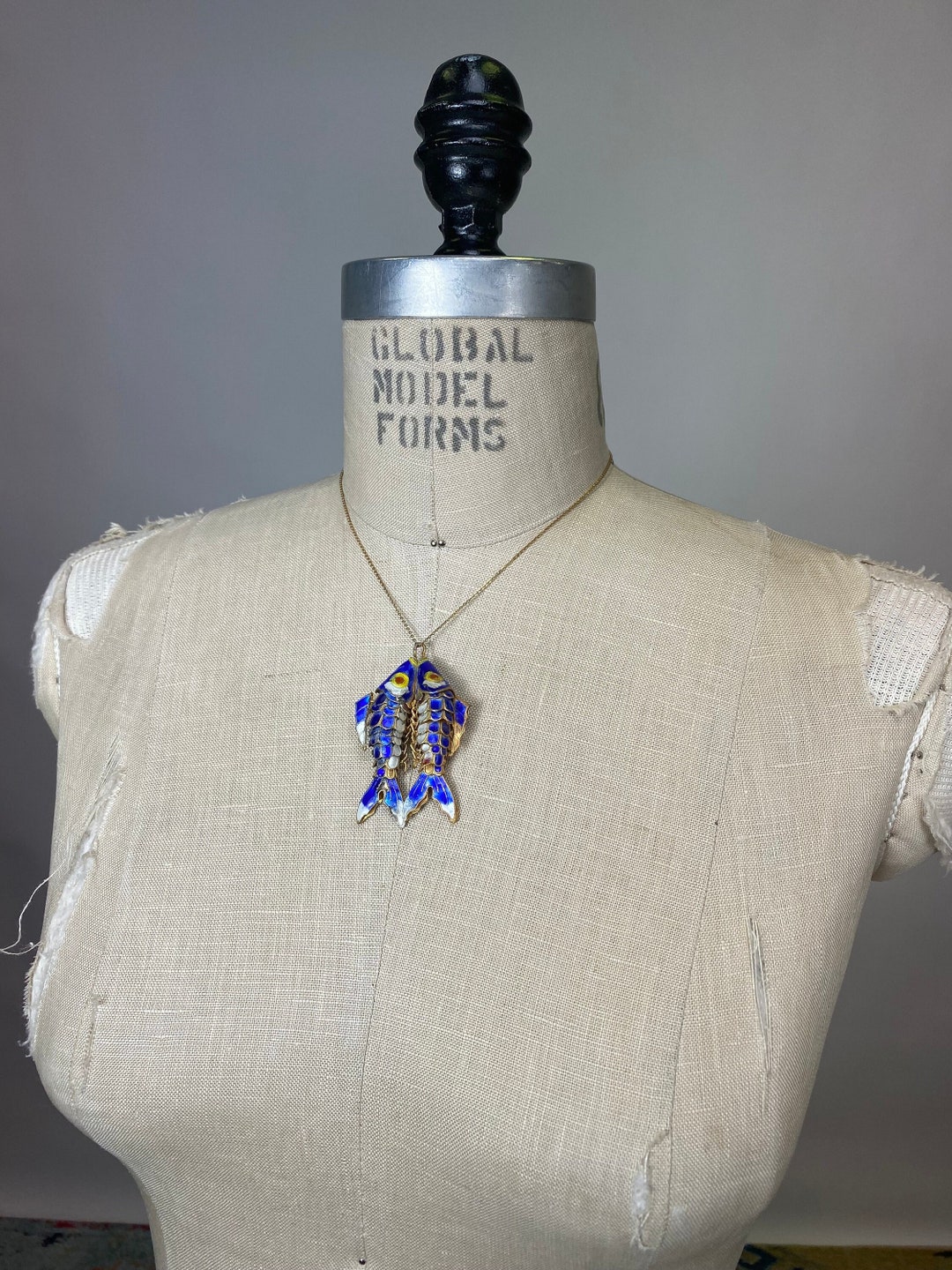 Vintage Chinese Cloisonne Articulated Double Fish Pendant Silver W Gold ...