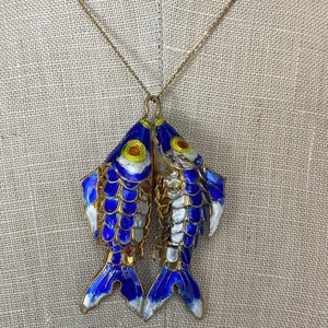Vintage Chinese Cloisonne Articulated Double Fish Pendant Silver W Gold ...