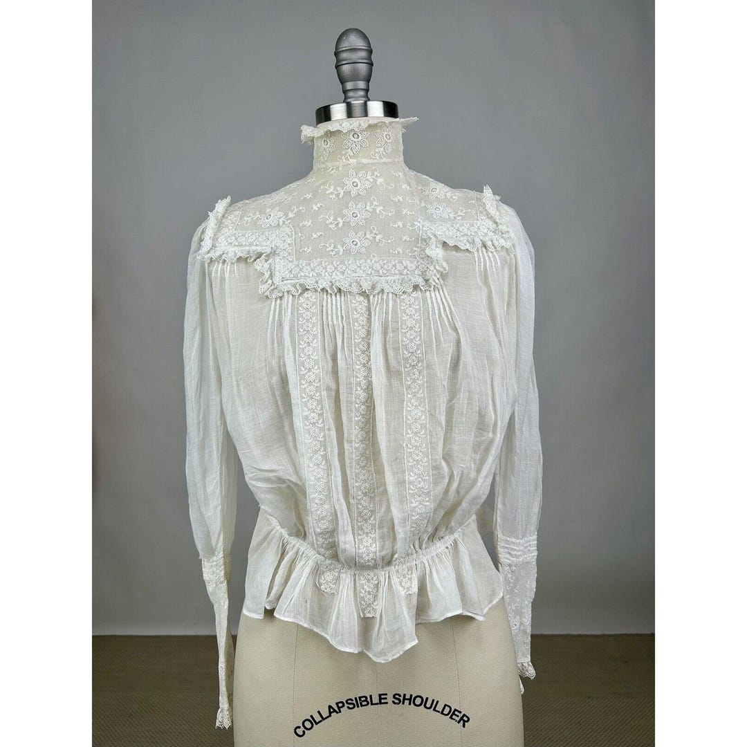 Antique Edwardian White Cotton Embroidered Lace Blouse High Neck ...