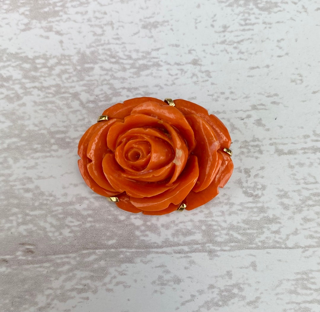 Vintage 14k Yellow Gold and Carved Coral Rose Brooch or Pin 585 - Etsy