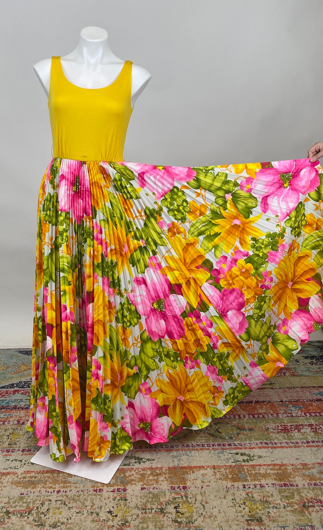 Vintage 1970s Colorful Floral Polyester Maxi Dress Full Permanent ...