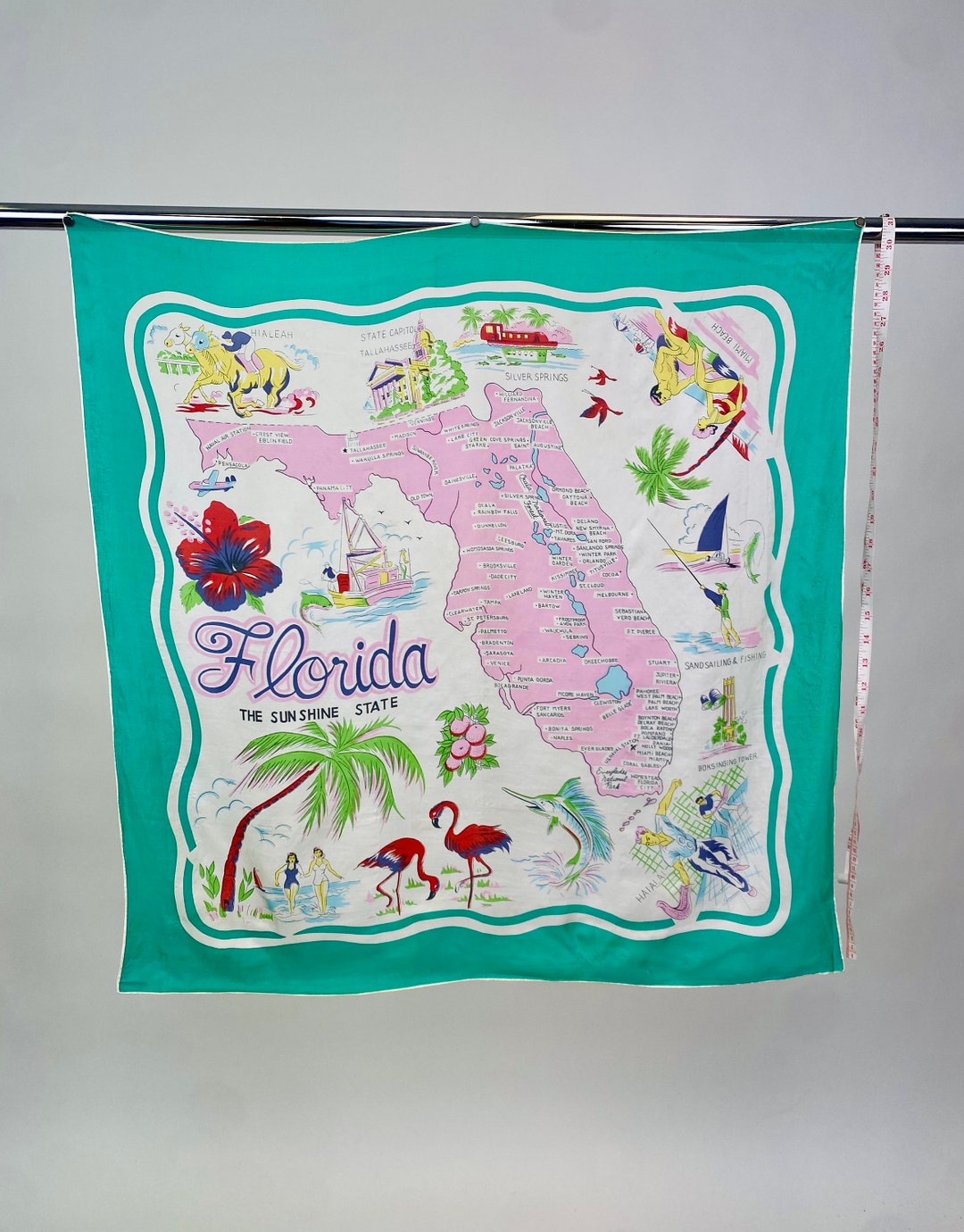 Vintage 1950s Florida State Novelty Souvenir Scarf Teal and Pink ...