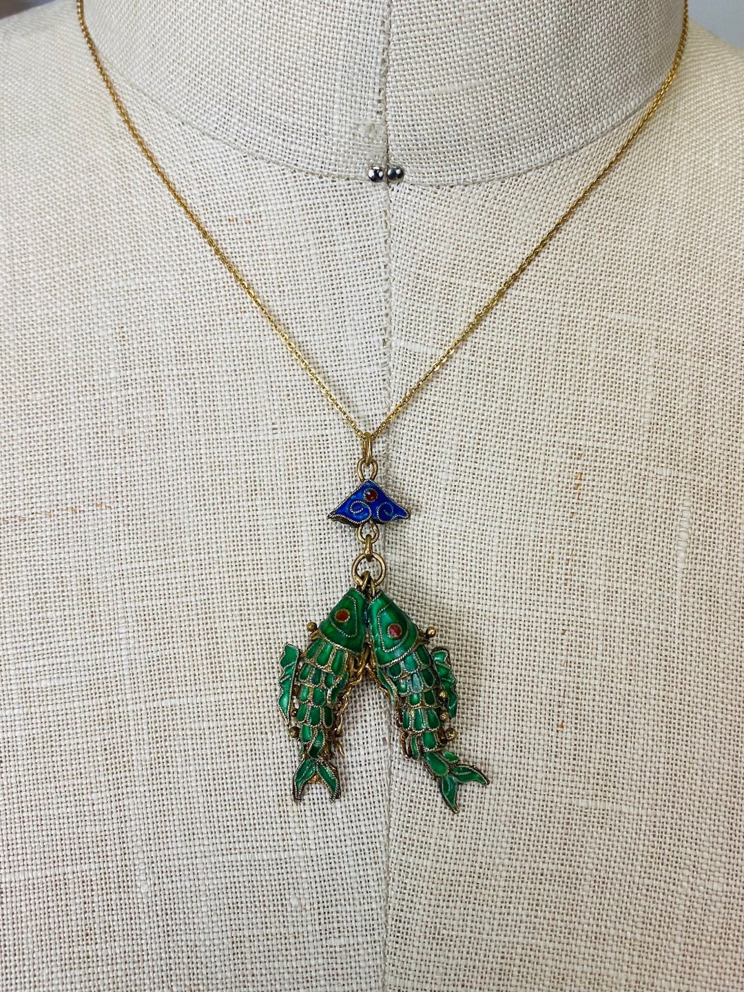 Vintage Chinese Cloisonne Articulated Double Fish Pendant Silver W Gold ...