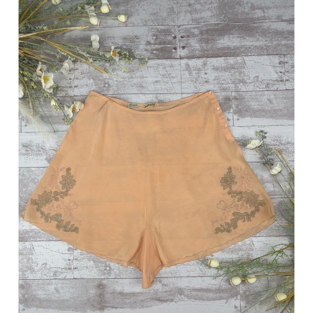 Vintage Lingerie 1940s Peach Silk Satin Tap Pants Boudoir Floral Lace ...