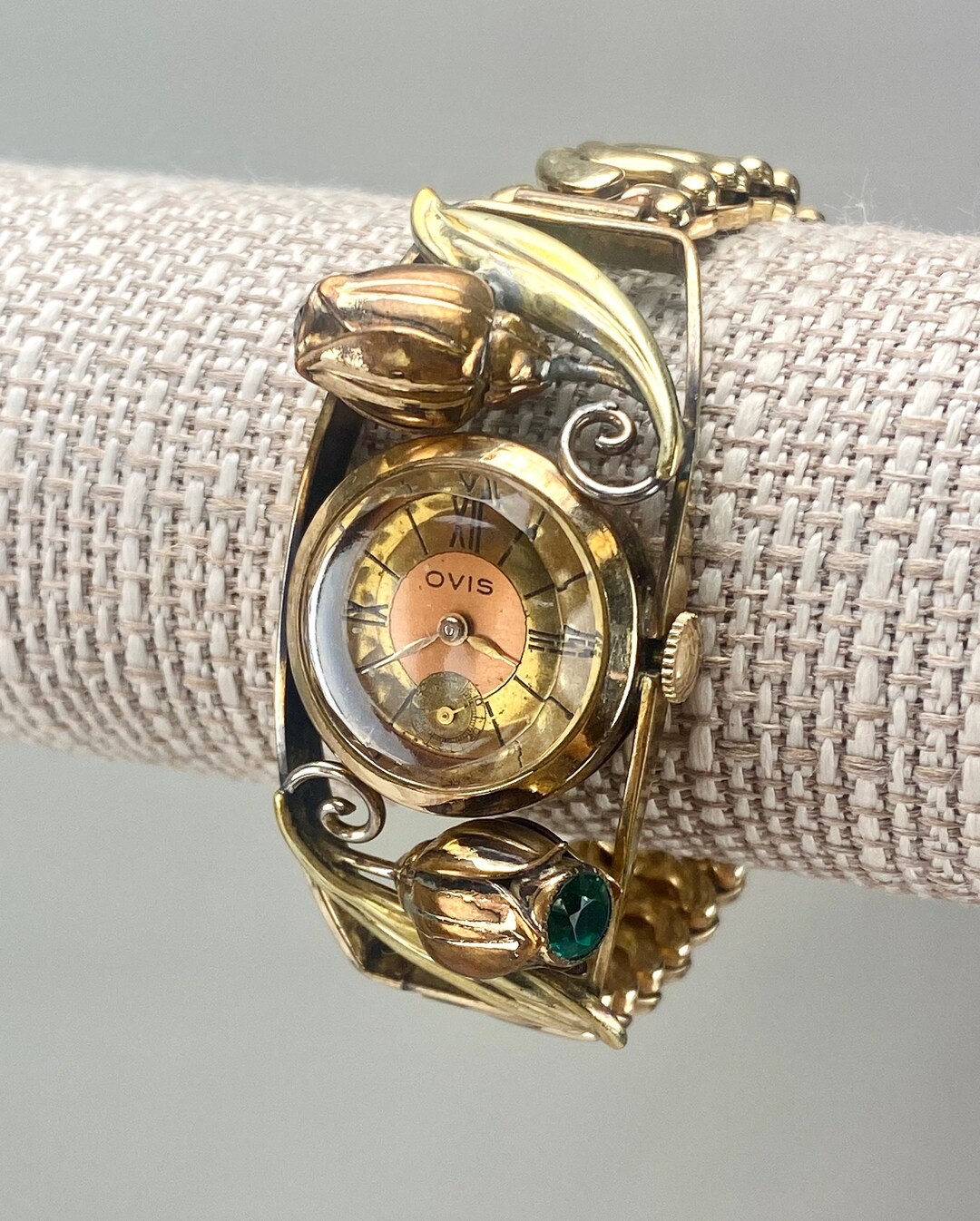 Vintage 1940s Yellow & Rose Gold Tone Ovis Stretch Band Manual Bracelet ...
