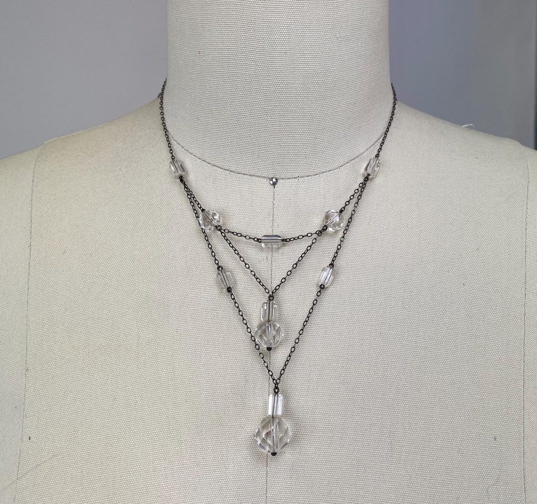 1920s Flapper Art Deco Layered Faceted Clear Glass 3 Tiered Bib V- Drop ...