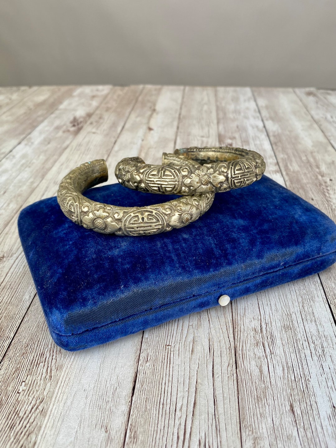 Pair of Vintage Chinese Repousse Shou & Lotus Gold Toned Cuff Bracelets ...