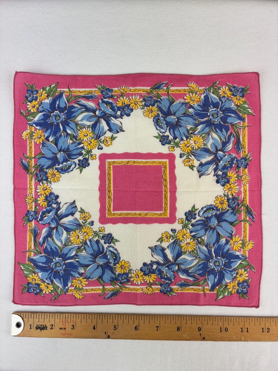 Vintage 1950s Floral Print Novelty Hankie Handkerchief Hanky Blue ...