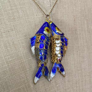 Vintage Chinese Cloisonne Articulated Double Fish Pendant Silver W Gold ...