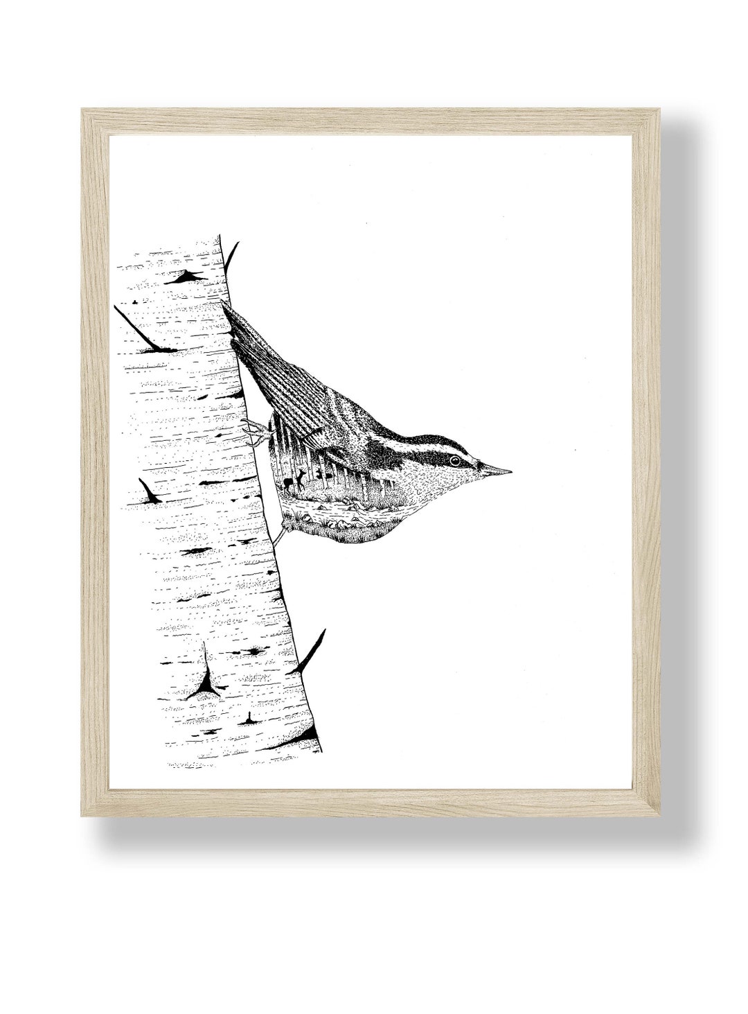 Nuthatch Pointillism Print, Birch Forest Scene - Etsy