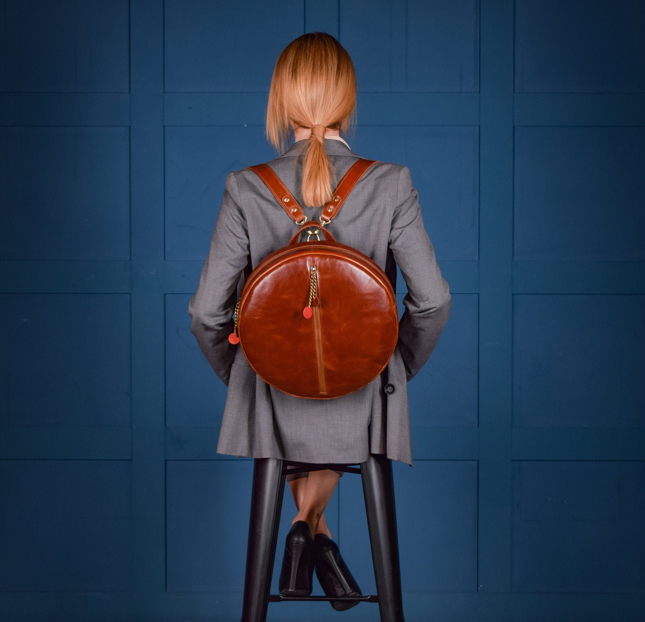 CUSTOM leather round backpack women/Circle backpack | Etsy