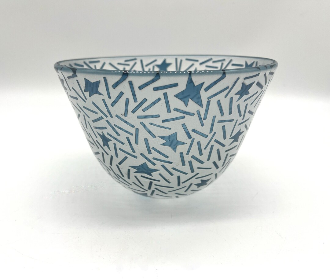 Vintage Etched Frosted Glass Bowl / Artisan Made / Star and Line ...