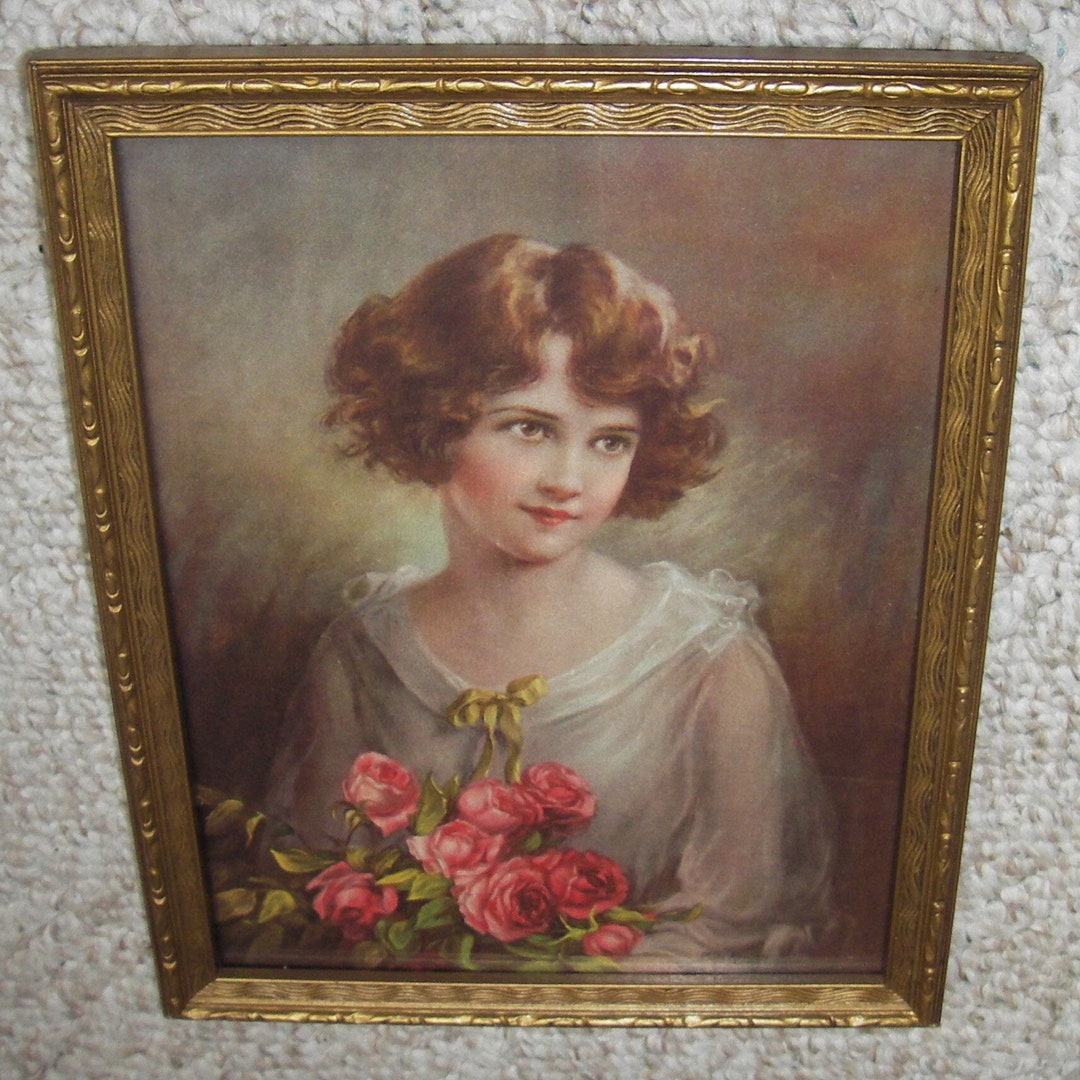 Vintage 1930s Zula Kenyon Artwork With Roses in Art Deco Wooden Frame ...