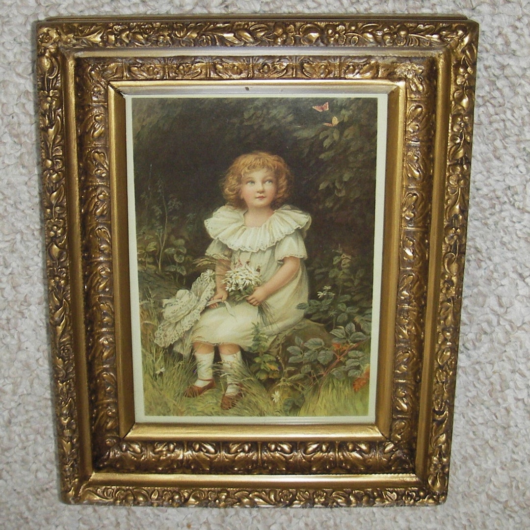 Antique Print of Little Girl With Flowers and Bonnet in Fancy Antique ...