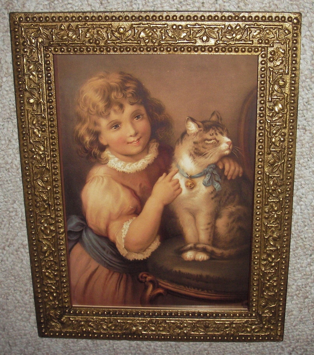 Antique 1889 Gold Gesso Framed Print of Young Girl With Cat - Etsy