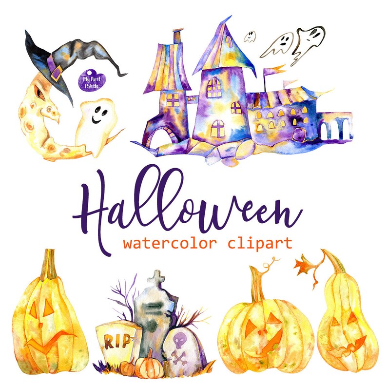 Watercolor Halloween Clipart,spooky Halloween Party Clip Art, 400 DPI ...
