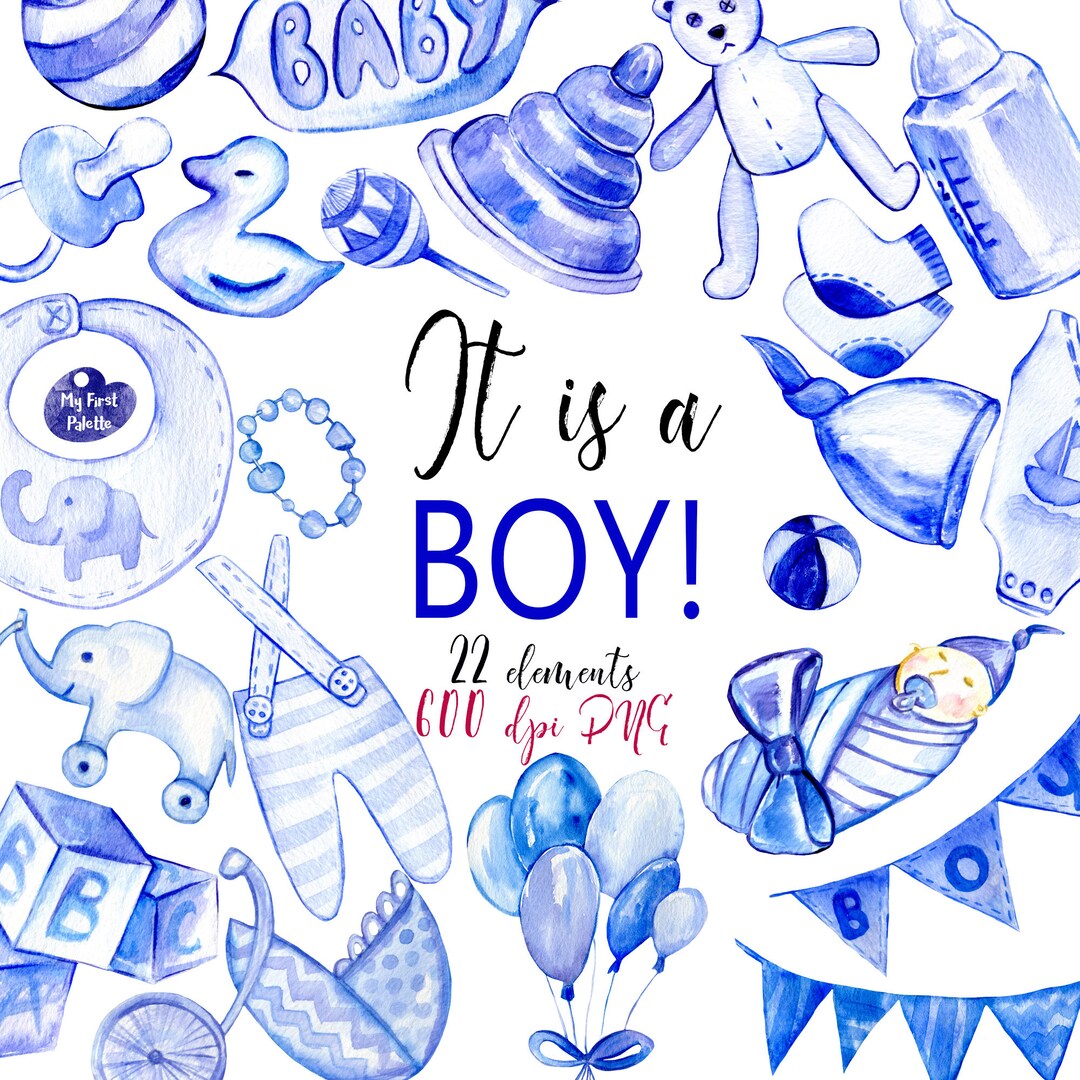Baby Boy Watercolor Clipart: Shower Invitation Graphics (600 Dpi PNG ...