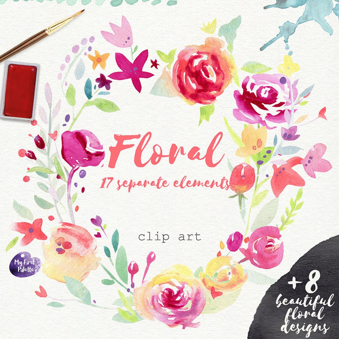 Watercolor Flowers Hand Painted Clipart - 17 Separate Elements + 8 Pre ...