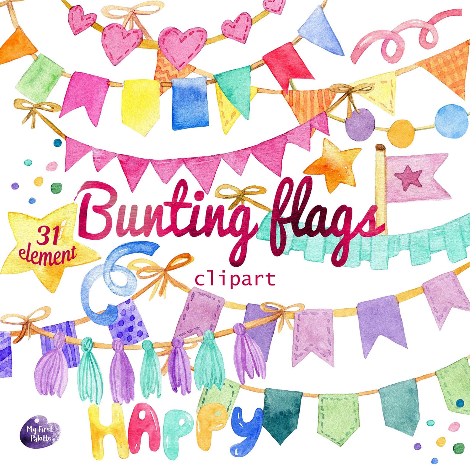 Watercolor Bunting Flags Clipart - Birthday, Holiday, Party ...