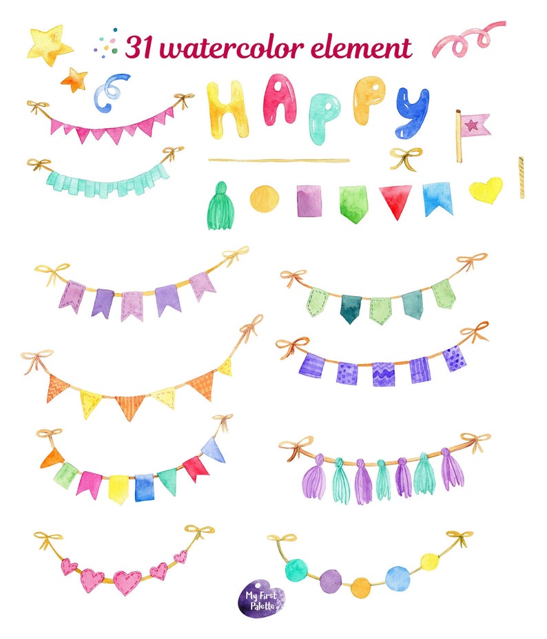 Watercolor Bunting Flags Clipart - Birthday, Holiday, Party ...