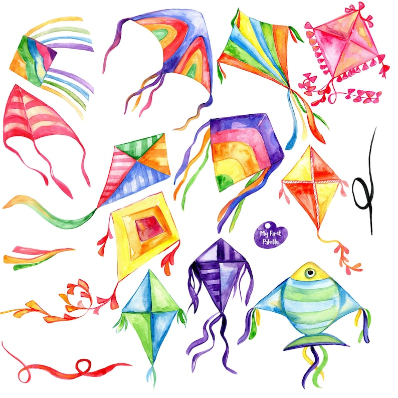 Kites Watercolor Clipart 600dpi PNG, Summer, Digital Download ...