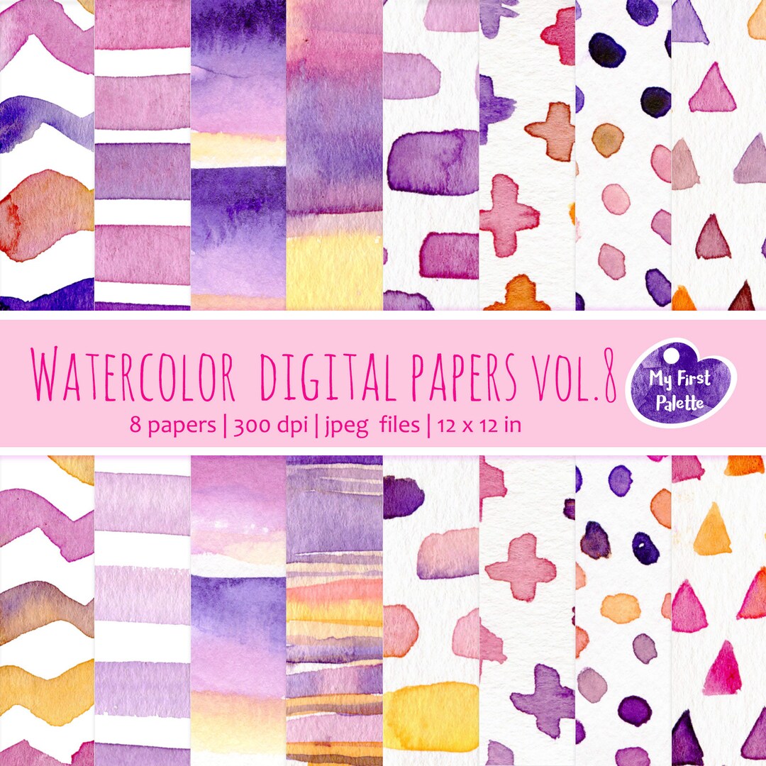 Purple Watercolor Digital Paper Clip Art. Set of 8 JPG Watercolor ...