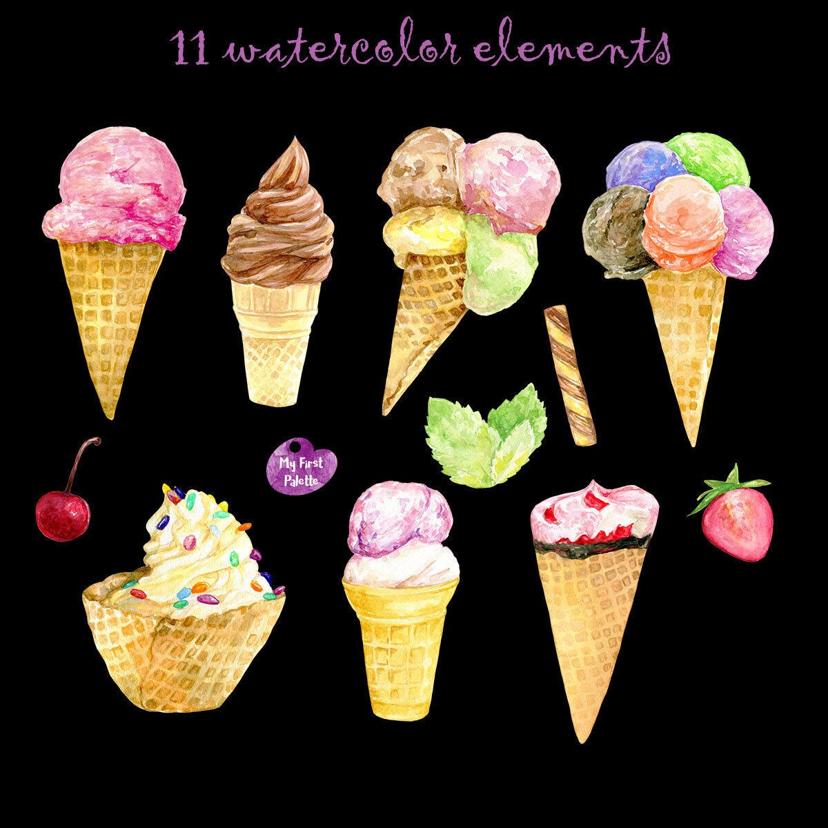 Watercolor Ice Cream Clipart Includes Summer Treats and Berries. 600 ...