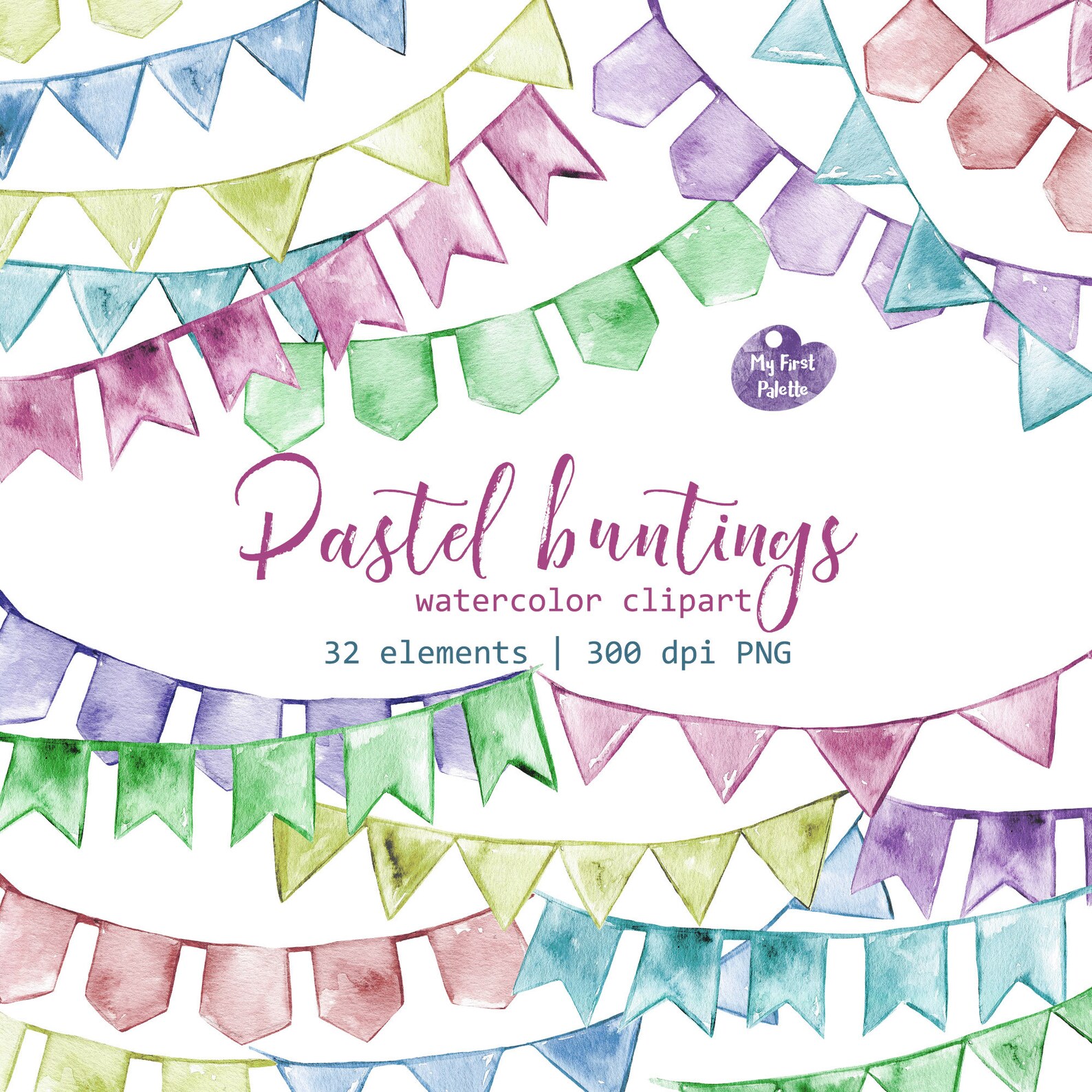 Watercolor Bunting Flags Clipart Birthday Holiday Party - Etsy