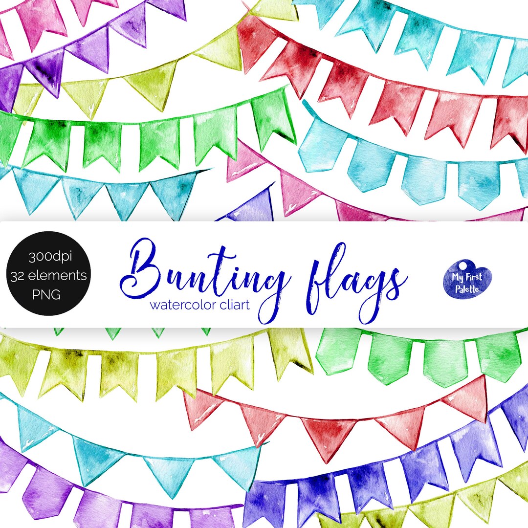Watercolor Bunting Flags Clipart: 32 PNG Party Decorations (digital ...