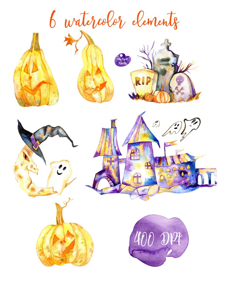 Watercolor Halloween Clipart,spooky Halloween Party Clip Art, 400 DPI ...